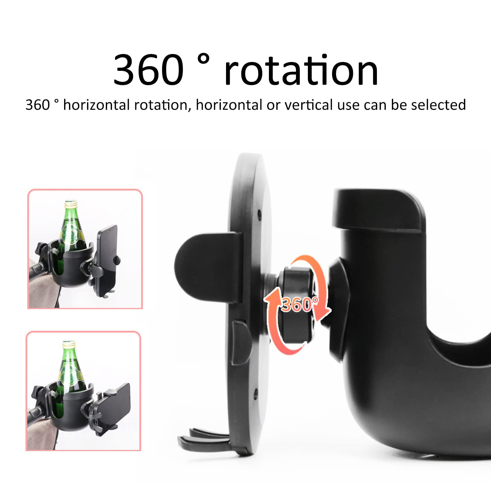 Stroller Cup Holder, Universal Drinks Holder with Phone Mount, 360 Degrees Rotation, Bike Cup Holder for Stroller, Wheelchair, Walker, Scooter, Cup Holder for Stroller