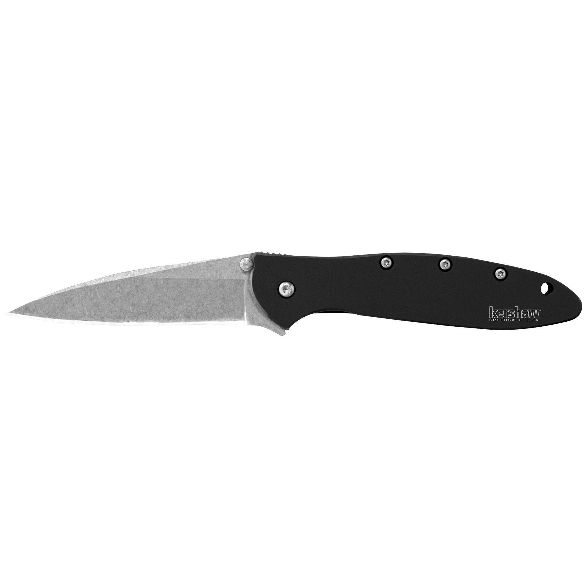 Kershaw Leek, Black Folding Knife (1660CKT); 3 OZ. & Leek, Stonewashed Pocket Knife (1660SWBLK) 3” Stonewashed High-Performance Sandvik 14C28N Steel Blade, Black Anodized Aluminum Handle; 2.4 OZ