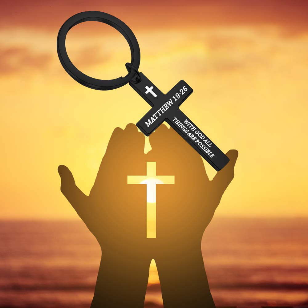 KUIYAI Matthew 19:26 with God All Things are Possible Cross Religious Keychain Christian Gift Bible Verse Inspirational Keyring (Black keychain)