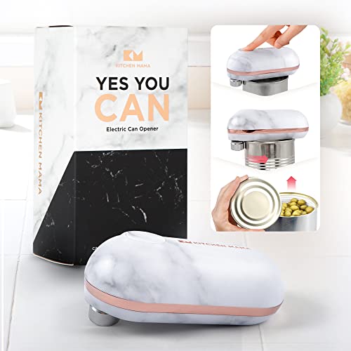Kitchen Mama Mini Electric Can Opener Smooth Edge: Open Cans with A Simple Press of Button - Ultra-Compact, Space Saver, Portable, Hands Free, Food-Safe, Battery Operated (Marble White)