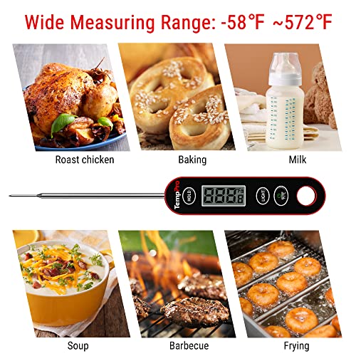 TempPro E30 Digital Meat Thermometer with Long Probe Kitchen Instant Read Cooking Food Thermometer for BBQ Smoker Grilling Oil Deep Fry Candy Thermometer with Large Backlit Display, Black/red