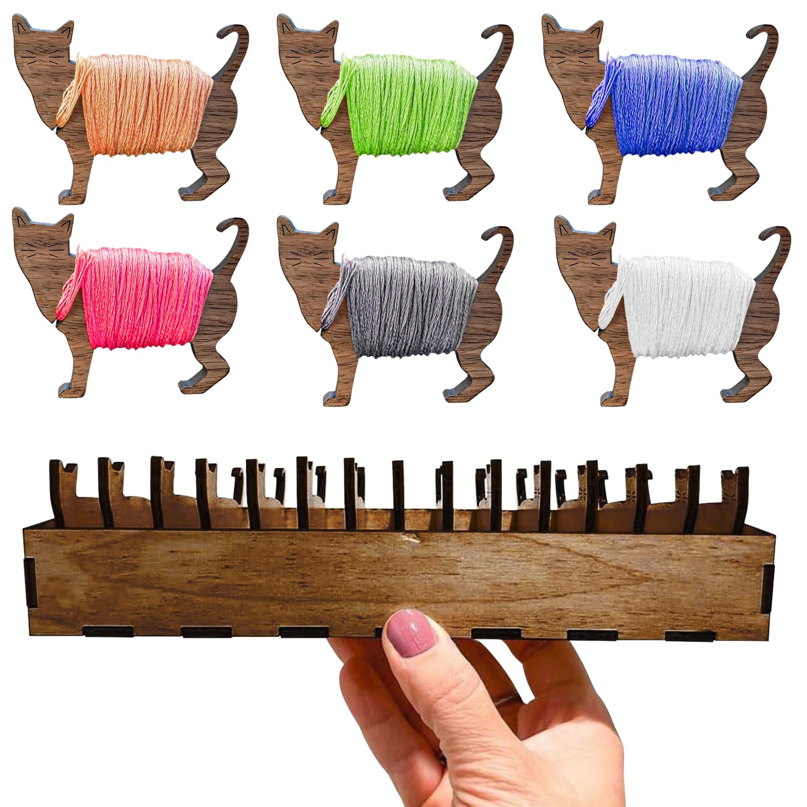 Wooden Animal Bobbin Set,Wooden Sewing Storage Set,15 Wooden Cat Shape Spools Set,Bobbin Organizer,Embroidery Floss Bobbins Organizer Box,Sewing Tool,Sewing Storage