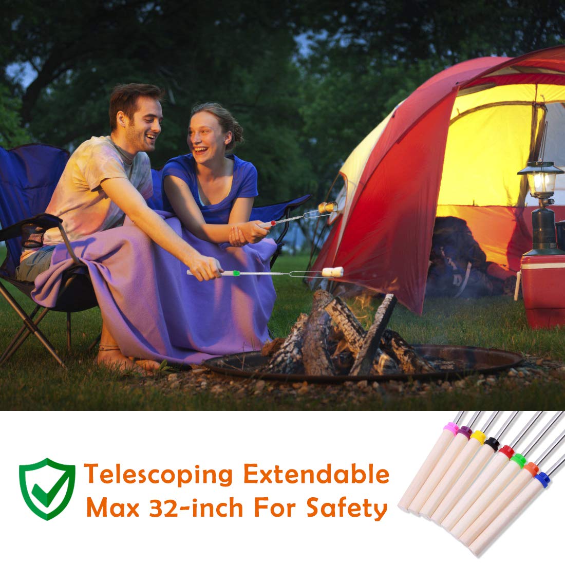 Marshmallow Roasting Sticks, Smores Skewers for Fire Pit, with Wooden Handle, Stainless Steel Telescoping Roasting Sticks, 32β Extendable Smores Sticks for Fire Pit, Campfire and Sausage BBQ Set of 6