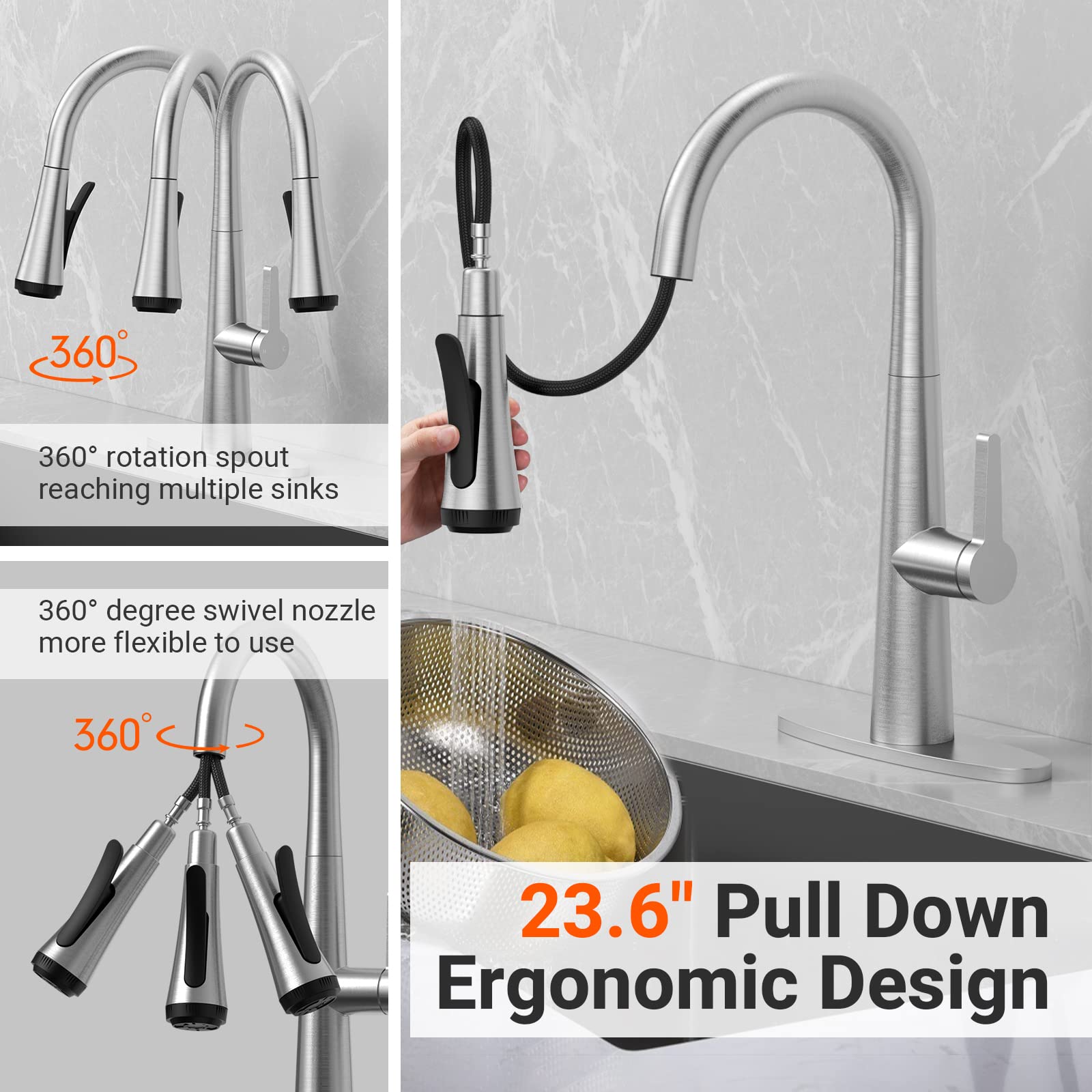 Kitchen Sink Faucet, LEPO Kitchen Faucets with Pull Down Sprayer and Sink Soap Dispenser Brushed Nickel, 4 Function High Arc Single Handle Faucets with Soap Dispenser for Kitchen Utility RV Bar