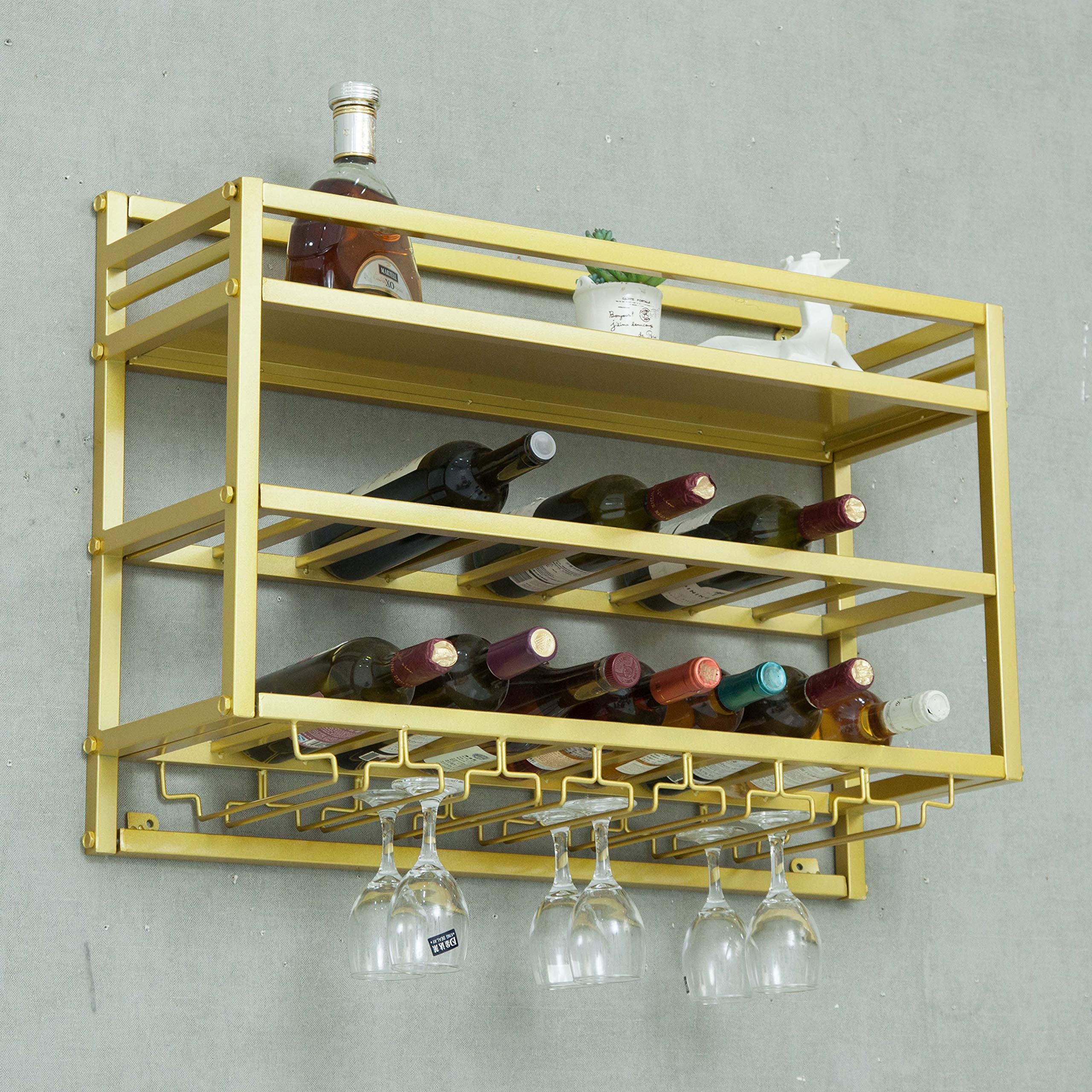 Modern 3-Tier Wall-Mounted Wine Rack, 20 Bottles and Glass Holder, Metal Wine Storage Rack Organizer, Wine Display Shelf for Home Kitchen Bar Restaurant (L: 31.5'', Gold)