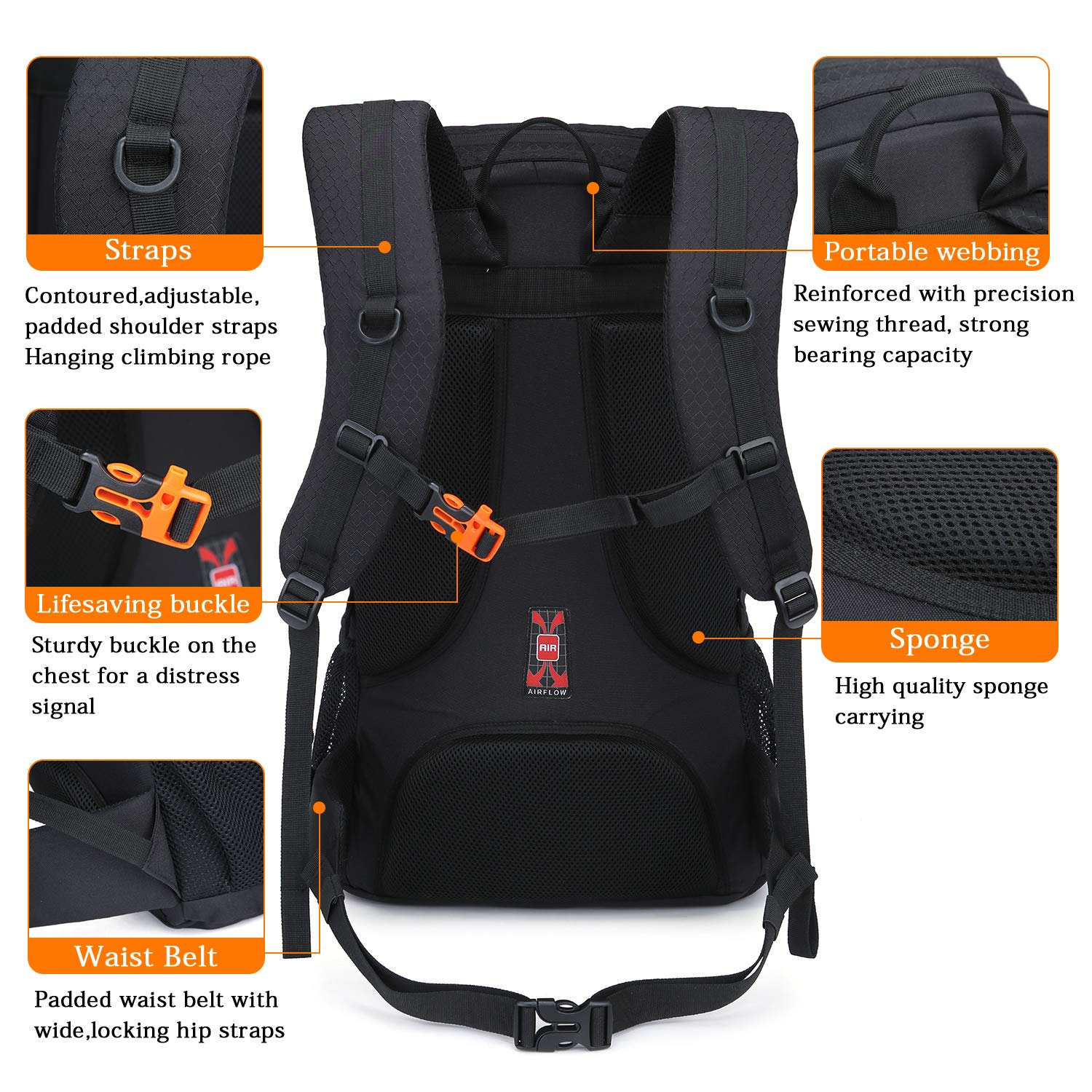 Lightweight Hiking Backpack 45L / 50L,Internal Frame Backpack with Rain Cover and Whistle Buckle; Durable Rock Climbing Backpack. High Performance Backpack for Camping, Tourism and Outdoor Sports