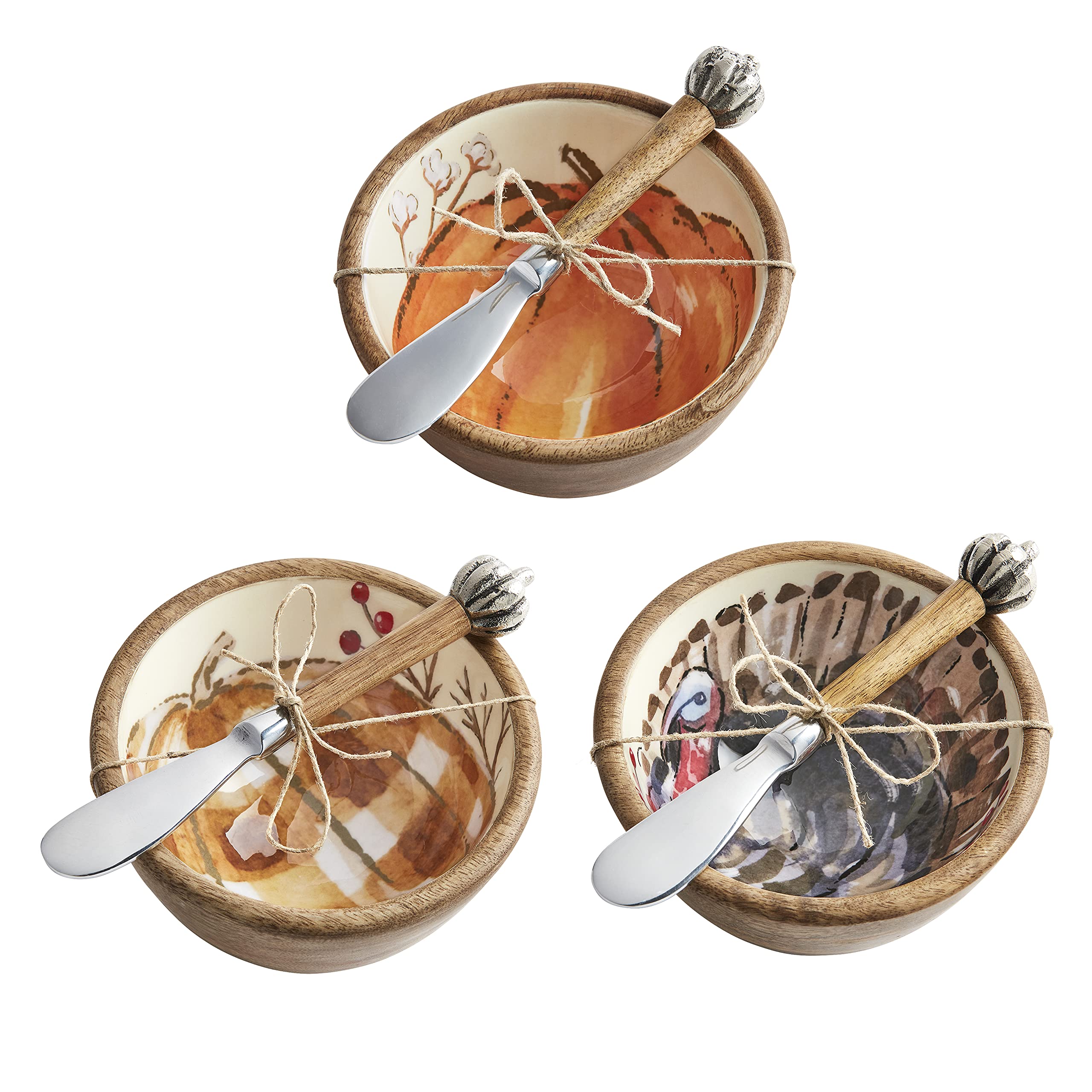 Mud Pie, Turkey, Enamel Harvest Dip Bowl Set, cup 3" x 5" dia | spreader 6 1/2"