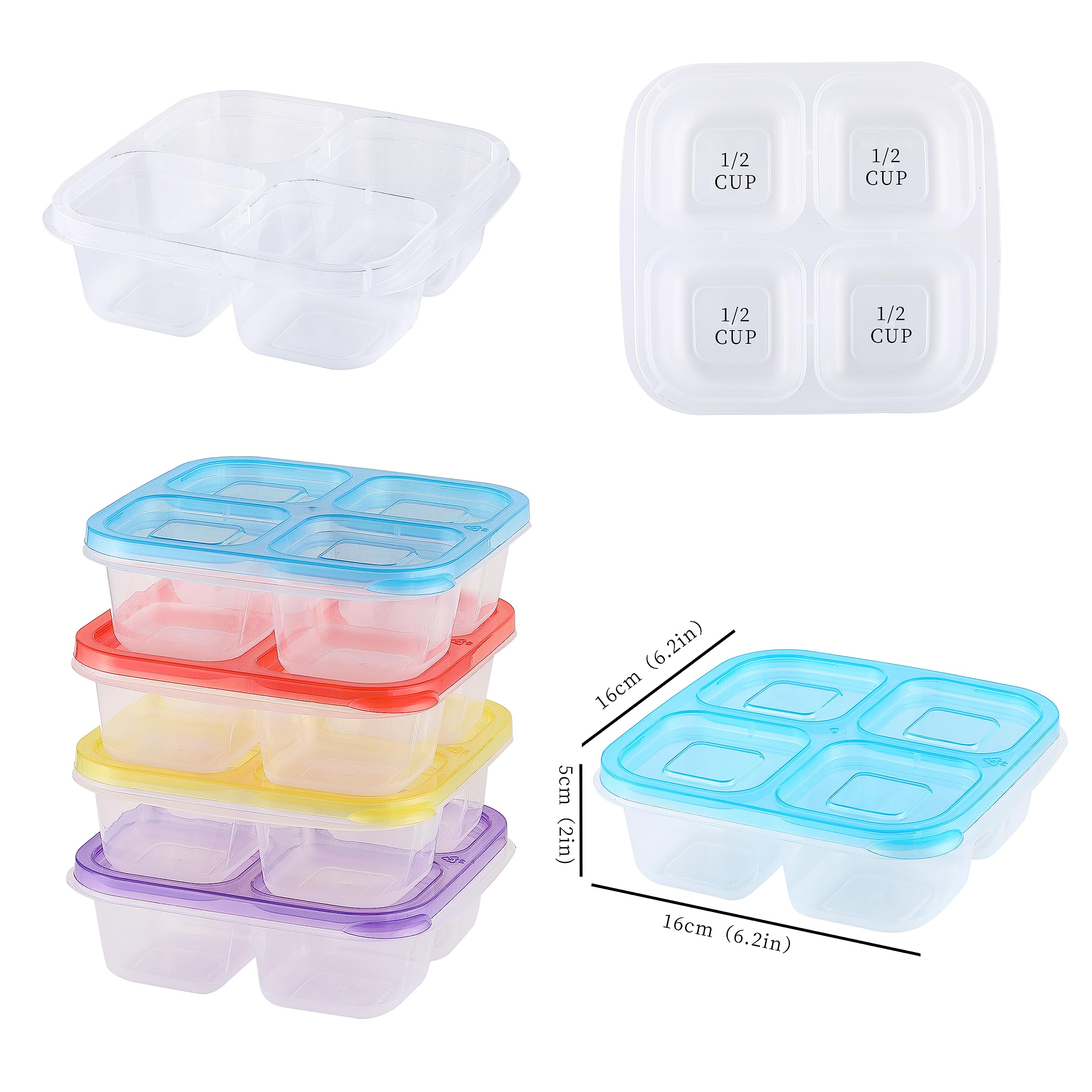 MONGSEW 4PCS Bento Snack Boxes, Snack Containers for Toddlers & Adults, Reusable 4 Compartment food Snack Containers for Work, School, Travel, Picnics, Microwave and Dishwasher Safe, (4 Colors)
