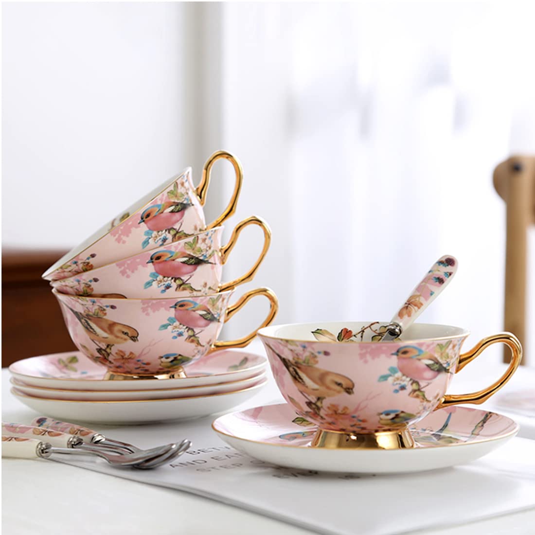 Pfedxoon Pink Bird Tea Cup with Saucer Spoon 3 Piece Set(7oz) Cappuccino Cups, Coffee Cups, Tea Cup Set, British Coffee Cups, Porcelain Tea Set, Latte Cups, Mother's Day Gift