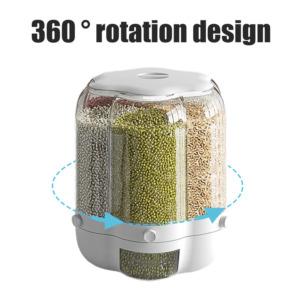 OHEPFD Food Grain Storage Container Large Capacity 6-Grid Rice Dispenser, 9L Rotatable Sealed Grain Storage Rice Bucket Kitchen Storage Box for Home Kitchen