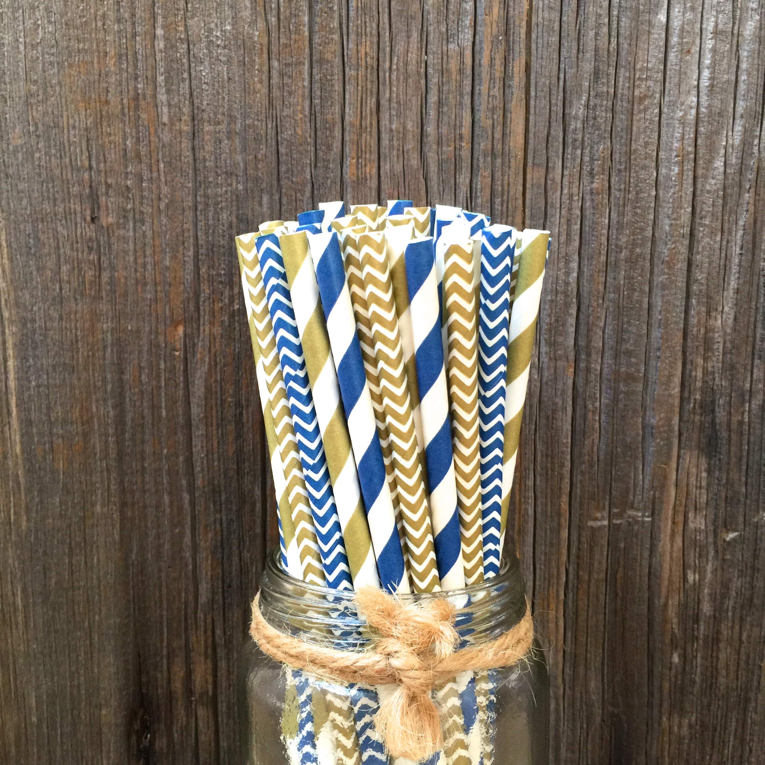 Outside the Box Papers Navy Blue and Gold Chevron and Stripe Paper Straws 7.75 Inches 100 Pack Navy Blue, Gold, White