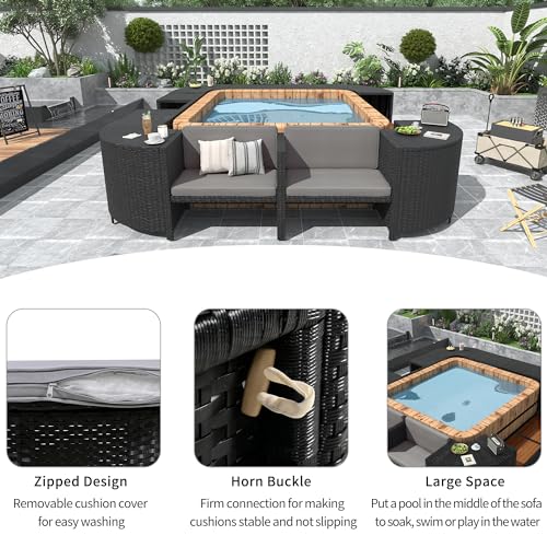 WOODRK Quadrilateral Outdoor Rattan Sectional Sofa Set with Mini Couch, Patio Conversation Sets with Wooden Seats and Storage Spaces, Spa Surround Frame for Gardern, Poolside, Gray