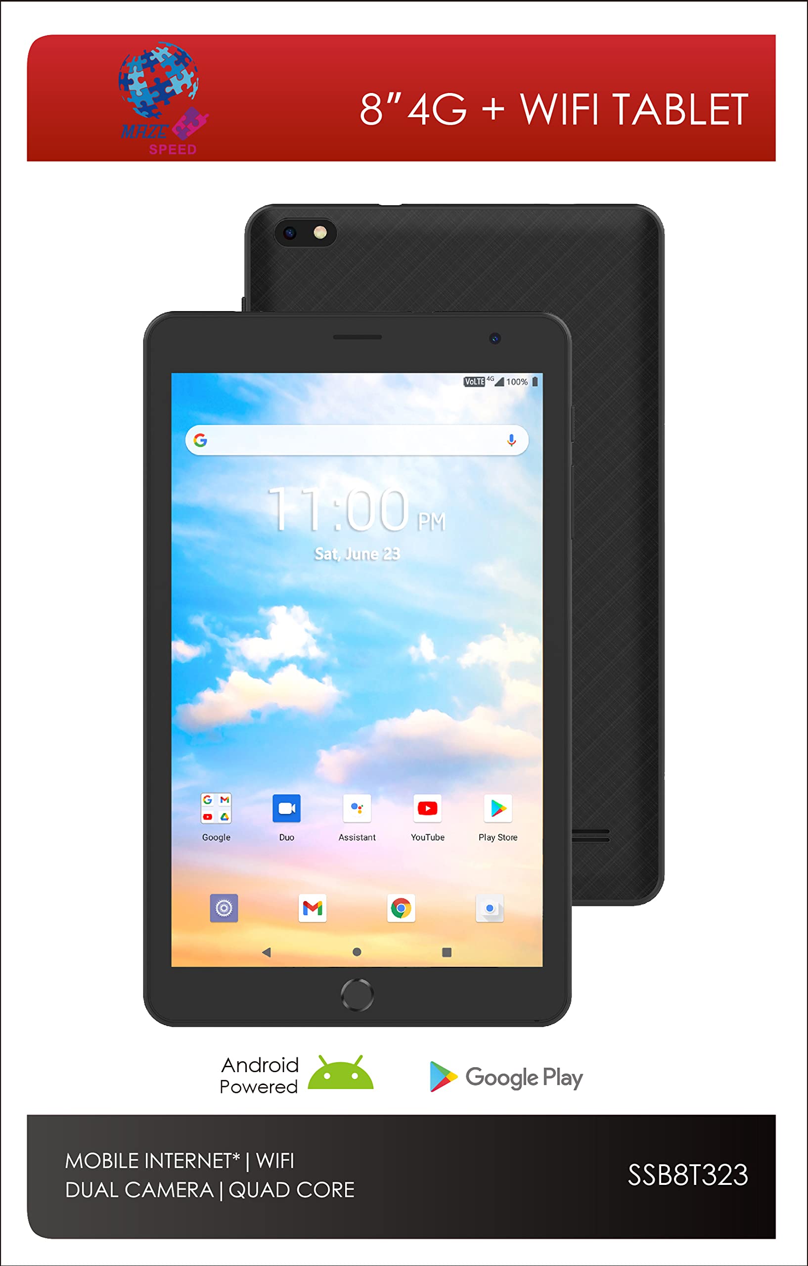 Maze Speed Tablet 8" Inch 4G LTE + WiFi Android Tablet, 8 Inch 1280x800 IPS HD Display, 8 MP Camera, 3GB+32GB (Up to 128GB), 4000mAh Battery, Android 12, w/Tablet Case, Black
