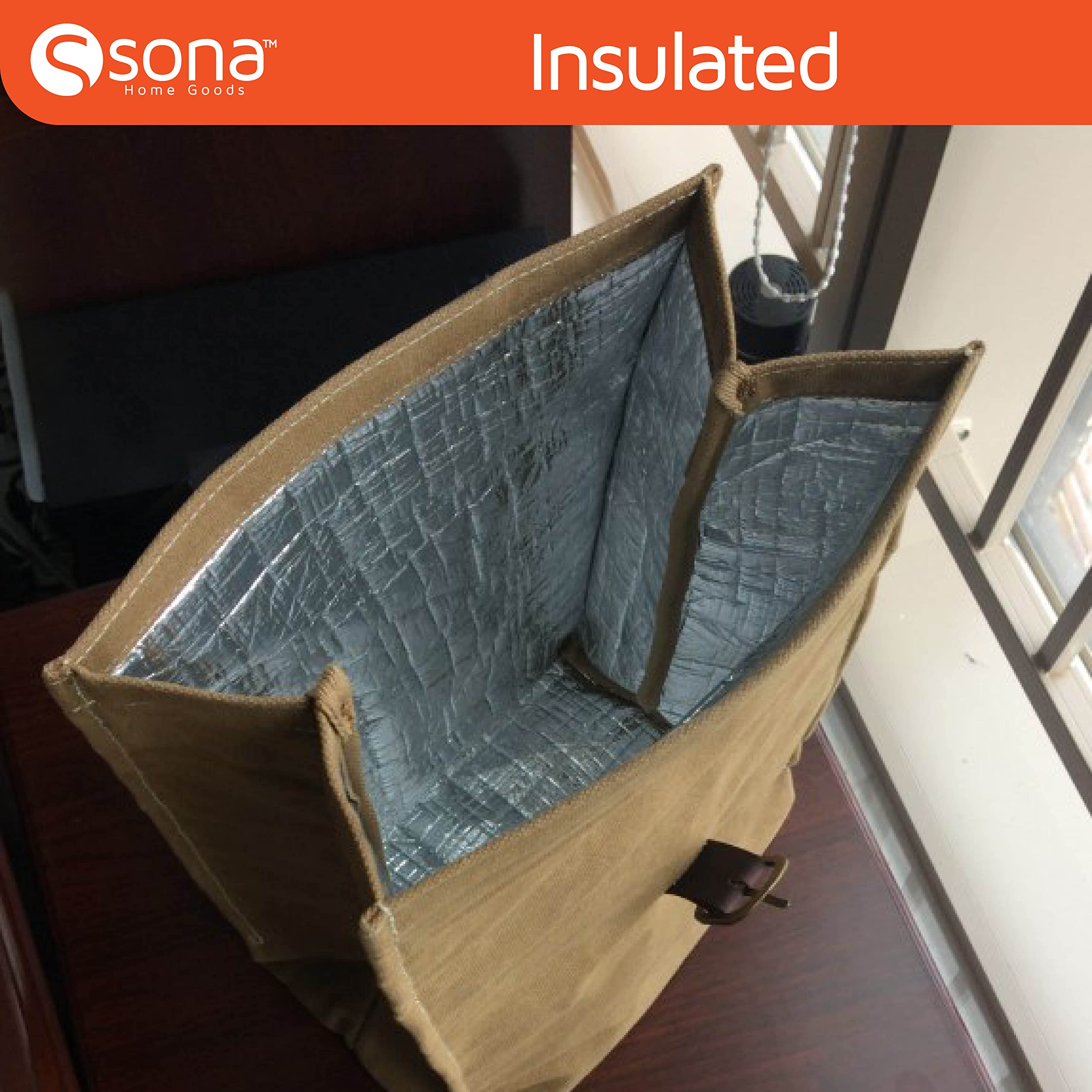 S SONA HOME GOODS Waxed canvas lunch bag, ecofriendly, reusable, brown, for women or men. The perfect large heavy duty lunch box for meal prep, work, or travel.