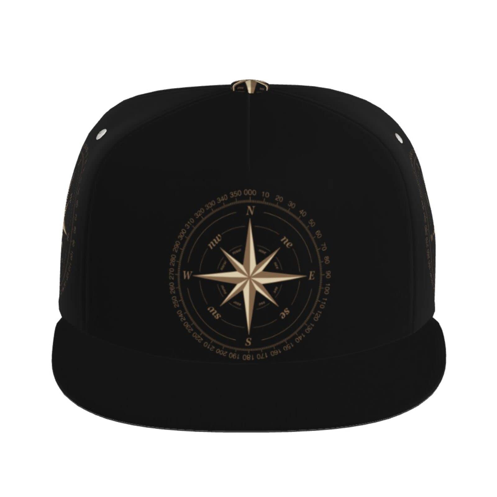 Quzioxe Compass Rose Black Flat Bill Brim Cap Hip Hop Hat Baseball Cap for Men Women Adjustable Square Flat Visor Back Trucker Snapback Hat