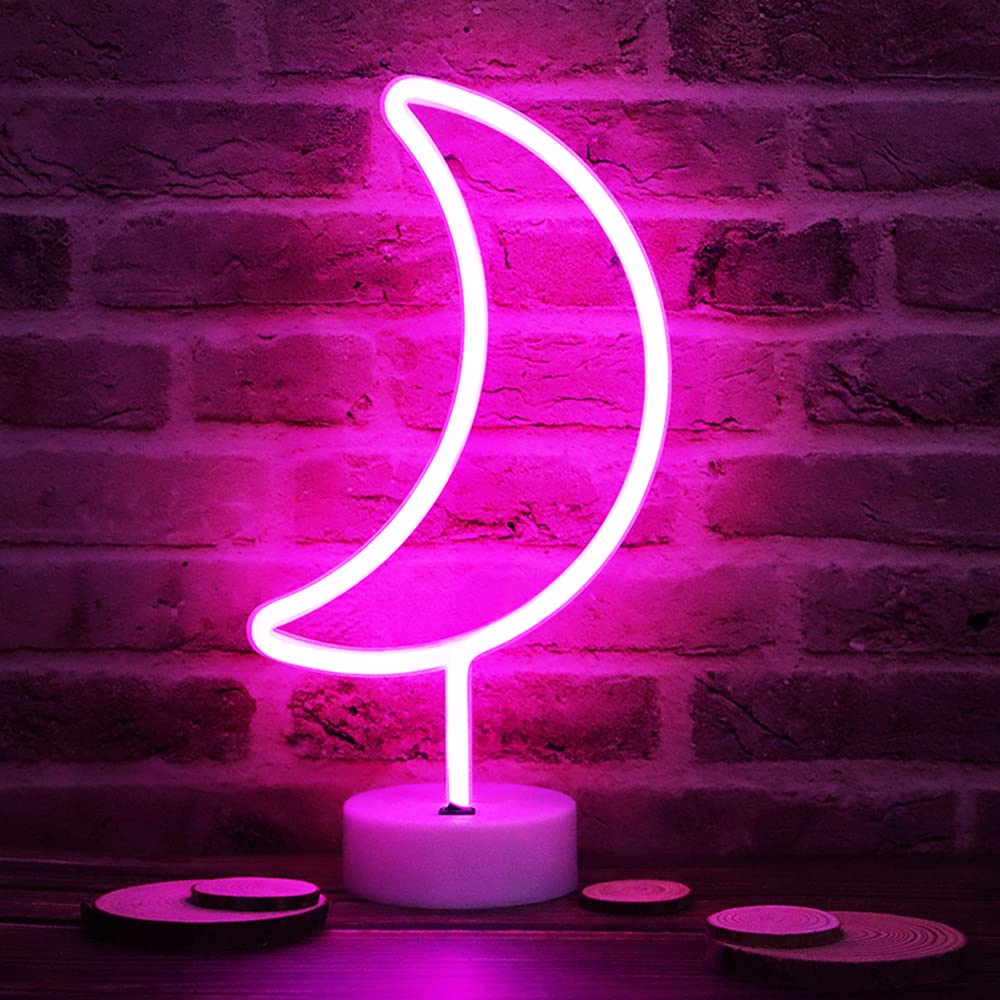 LED Neon Moon Lights, Moon Shape Neon Signs Crescent Night Lights Battery Operated Desk Table Lamp for Bedroom, Bar, Wall Decor-Moon with Holder Base(Pink)