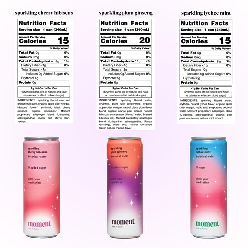 Moment Adaptogen Drink (Shark Tank) - SPARKLING Combo | Cherry Hibiscus, Lychee Mint, Plum Ginseng | L-Theanine & Ashwagandha for Calm & Clarity | 0 Added Sugar, 0 Caffeine, 0 Alcohol | 12-pack