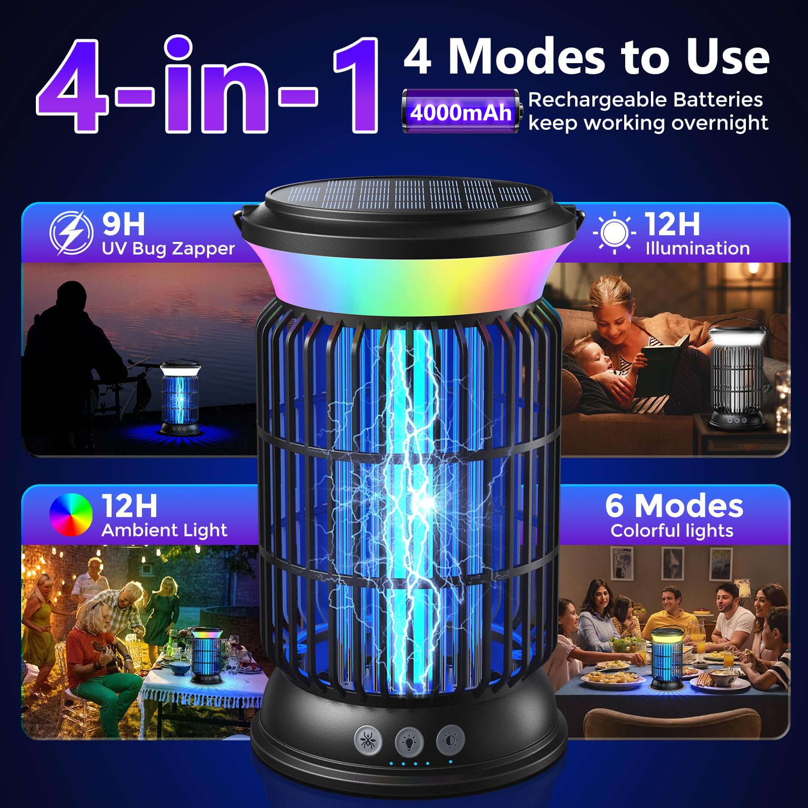 Solar Bug Zapper Outdoor, 4200V Effective Mosquito Zapper, Cordless Bug Zapper Outdoor, 4000mAH Rechargeable Fly Zapper, 4 Modes Insect Zapper for Patio, Porch, Kitchen, Bedroom