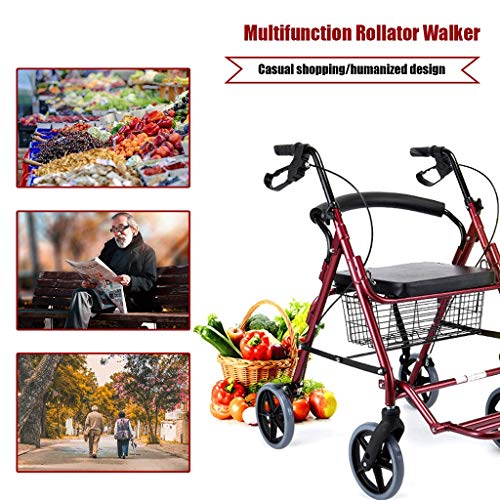 Walker,Walker Foldable Walker Lightweight Rollator Basket and Pole Holder PU Tires Height Adjustable Rollator with backrest and seat, red Outdoor