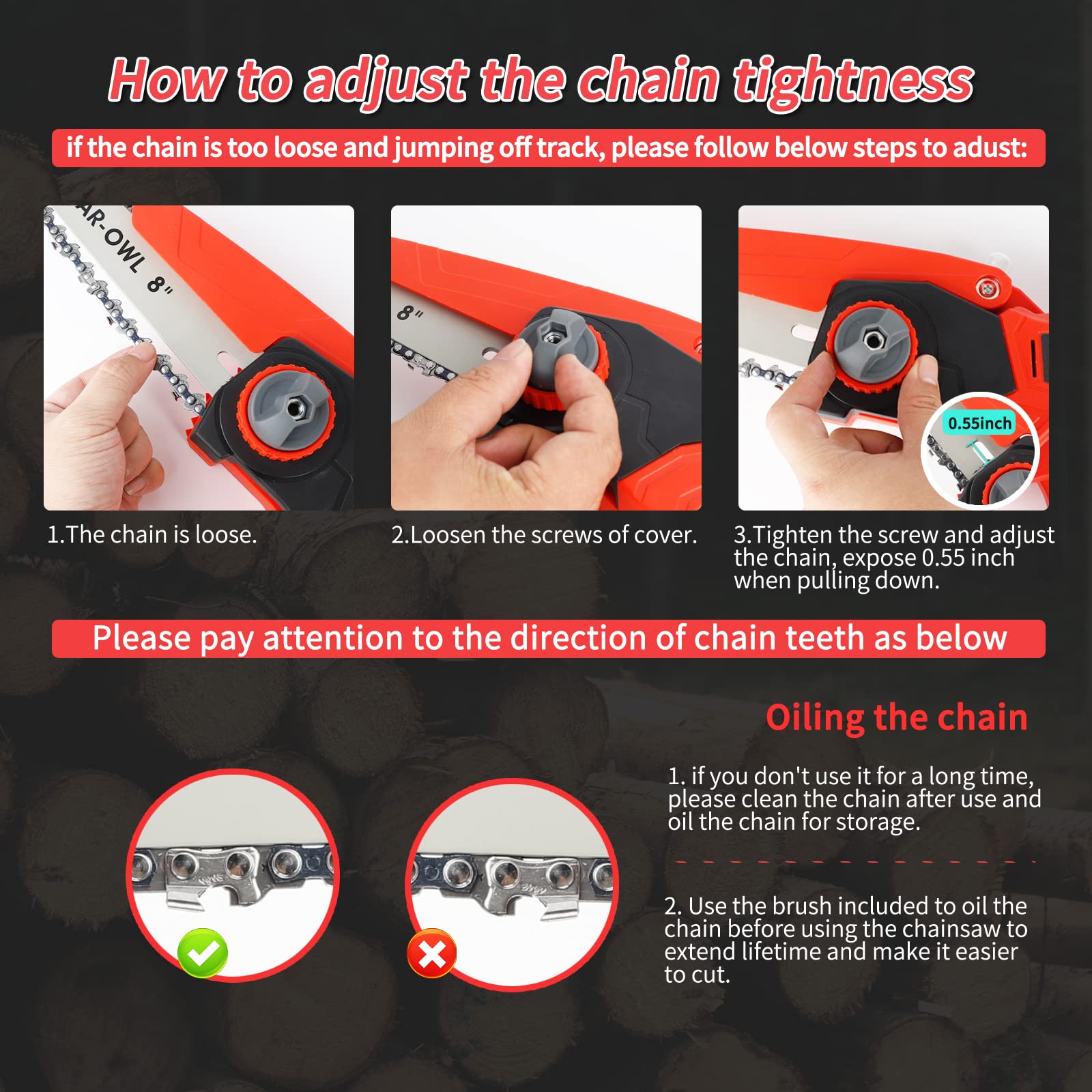Jar-Owl 21V 8-inch & 6-inch 2.8Lb Cordless Mini Chainsaw - High-end Upgrade with Handheld Electric Auto Oiling System and 2 Big 2000mAh Batteries for Pruning and Cutting Branch Trees