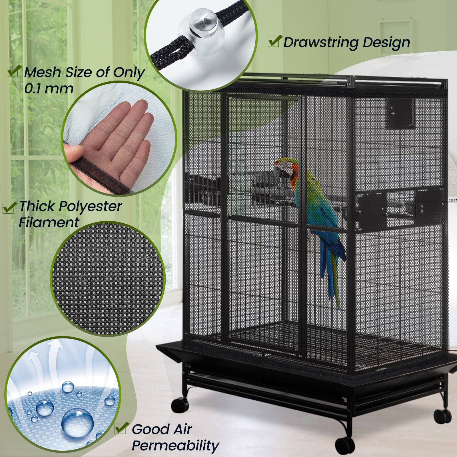 KFPPLXQ Bird Cage Cover Adjustable, Extra Large Soft Breathable Mesh Bird Cage Nettin Seed Catcher for Indoor Round Square Cage (Black, 118 x 39.5 Inch/ 300 x 100 cm)
