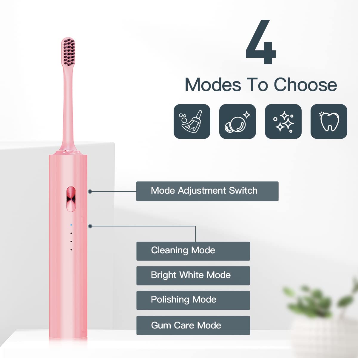SUFOR-U Q5 Sonic Electric Toothbrush with Cleaning Cup, 4 Modes Travel Toothbrush for Adults, 4 Hours Fast Charge for 45 Days, 41000 VPM, Smart Timer, Self-Cleaning Light Powered Toothbrush (Pink)