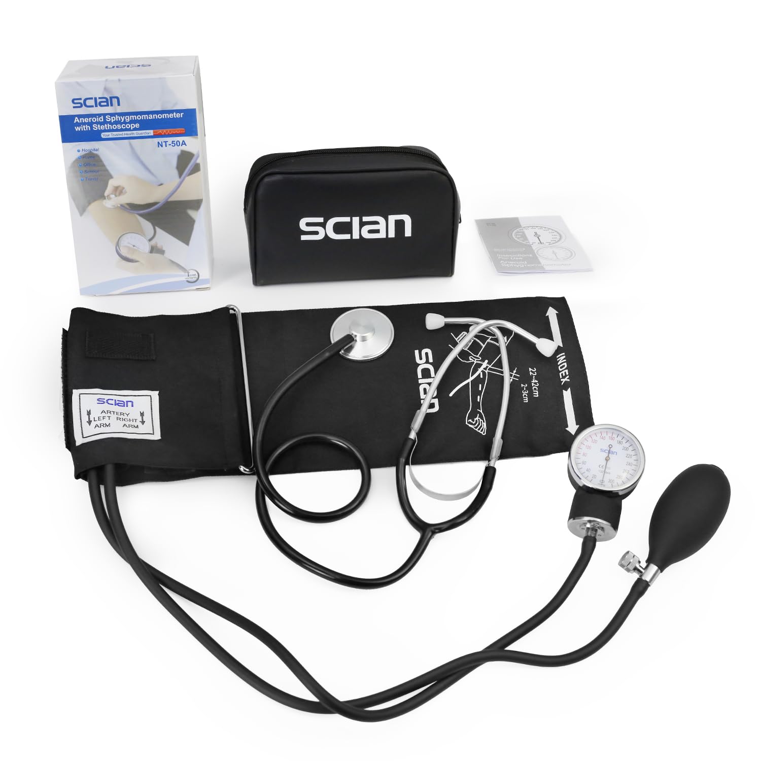 Scian Manual Blood Pressure Cuff with Stethoscope – Professional Aneroid Sphygmomanometer with Adult Cuff 8.7”-16.5”& D-Ring, Classic Bp kit with Carrying Bag (Black)
