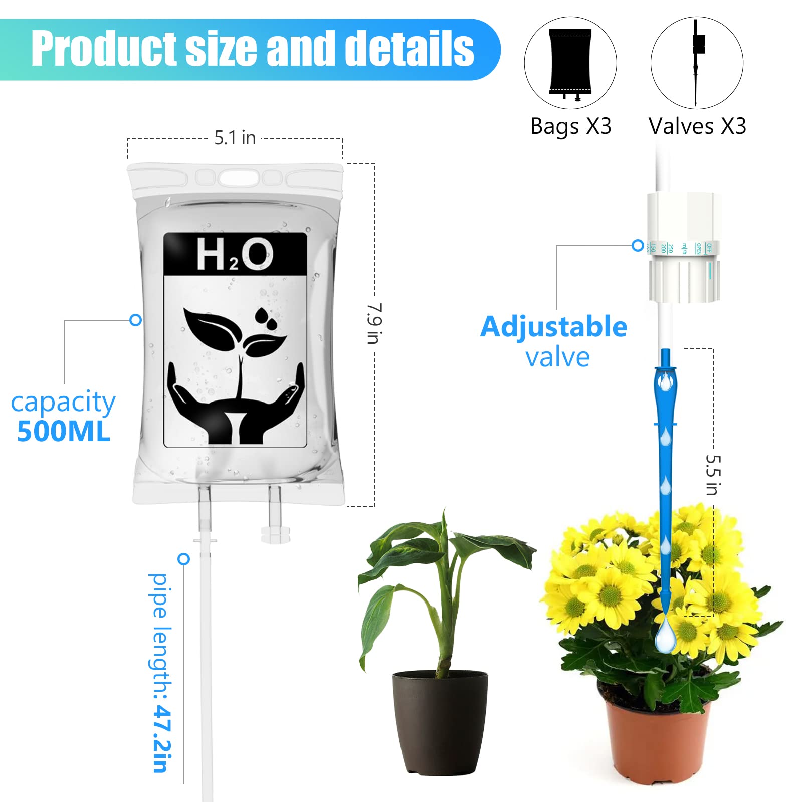 Plant Self Watering Spikes with Water Storage Bag Devices, Slow Release Control Valve Switch Automatic Irrigation Drip Watering System, Plant Self Waterer for Vacations Outdoor Indoor Potted (3 Pack)