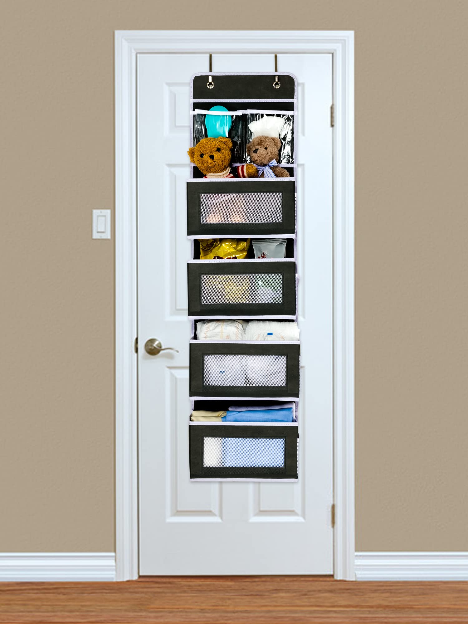 JARLINK 2 Pack Over The Door Hanging Organizer with 4 Large Pockets, Back of Door Storage for Baby Nursery Bathroom Bedroom Kitchen Dorm Closet Pantry Camper RV (Black)