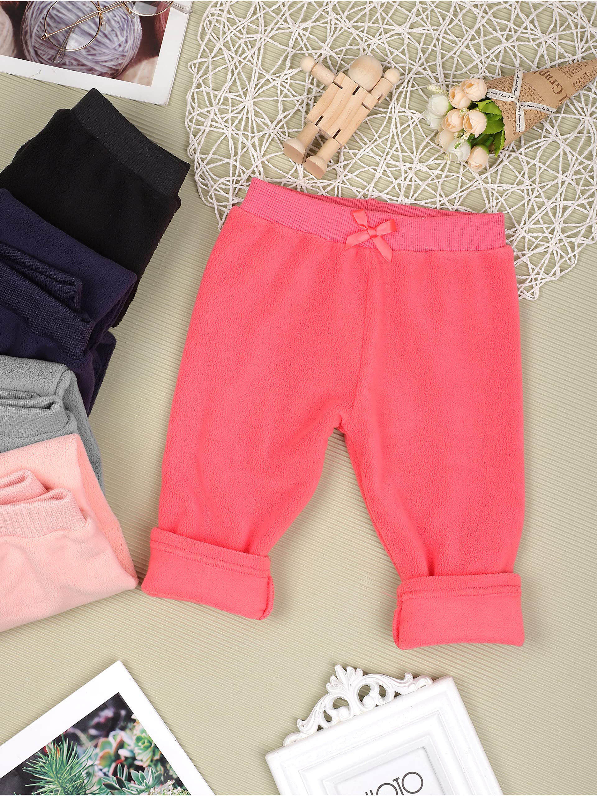 Resinta 5 Pack Baby Girls' Fleece Pants Winter Warm Soft Microfleece Pants with Waistband & Bow, 5 Colors
