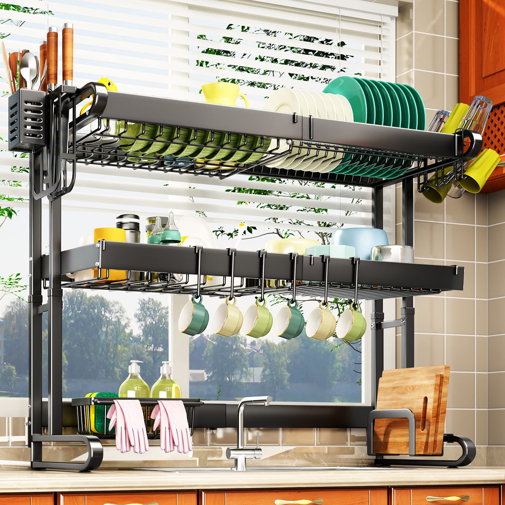 Over The Sink Dish Drying Rack, 3 Tier Adjustable Length Kitchen Counter Dish Rack Over Sink, Large Dish Drainer with Utensil Cup Holder, Black