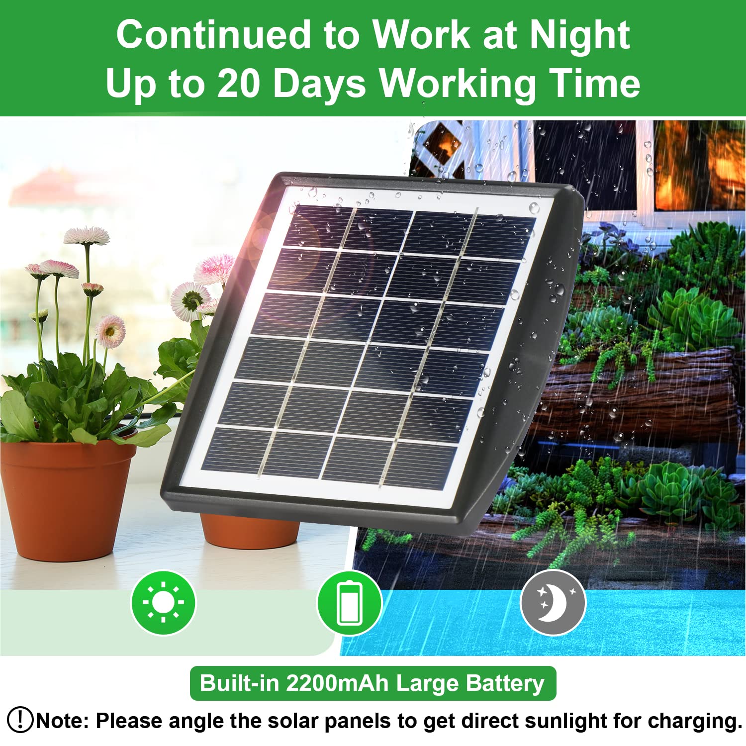 Solar Powered Automatic Watering Irrigation System for Potted Plants, Viajero Solar Auto Drip Irrigation Kit Built-in 2200mAh Battery with 6 Timers Self Watering System for Vacation Outdoor Indoor