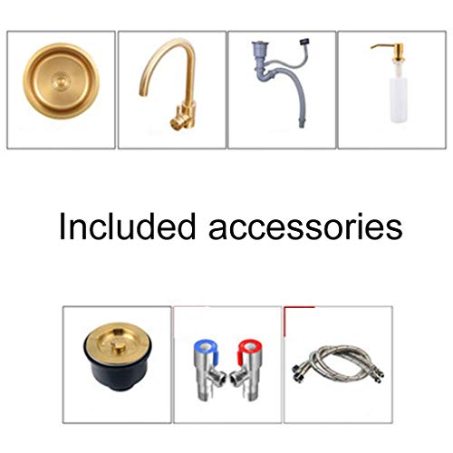 Single Bowl Bar Sinks Black round Sink Kitchen Renovation Pool round Single Sink with Hot and Cold Faucet Mixer Taps Washbasin Sink, 40 x 40 cm, Gold