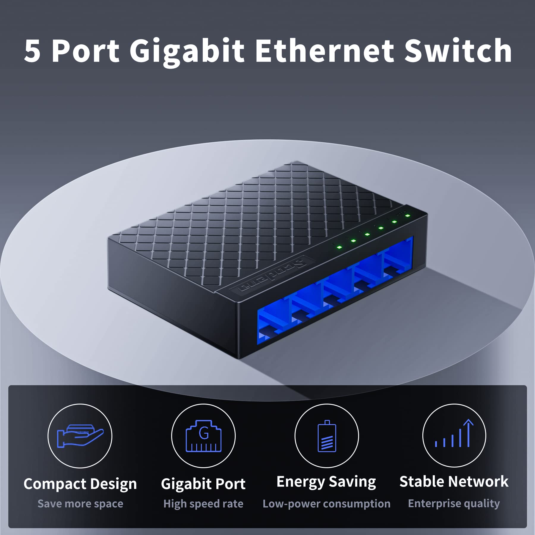 Scodeno 5 Port Gigabit Unmanaged Ethernet Switch, 5 x Gigabit Ports, 10Gbps Switching Capacity, Home Network Hub, Desktop Mount, Plug and Play, Fanless