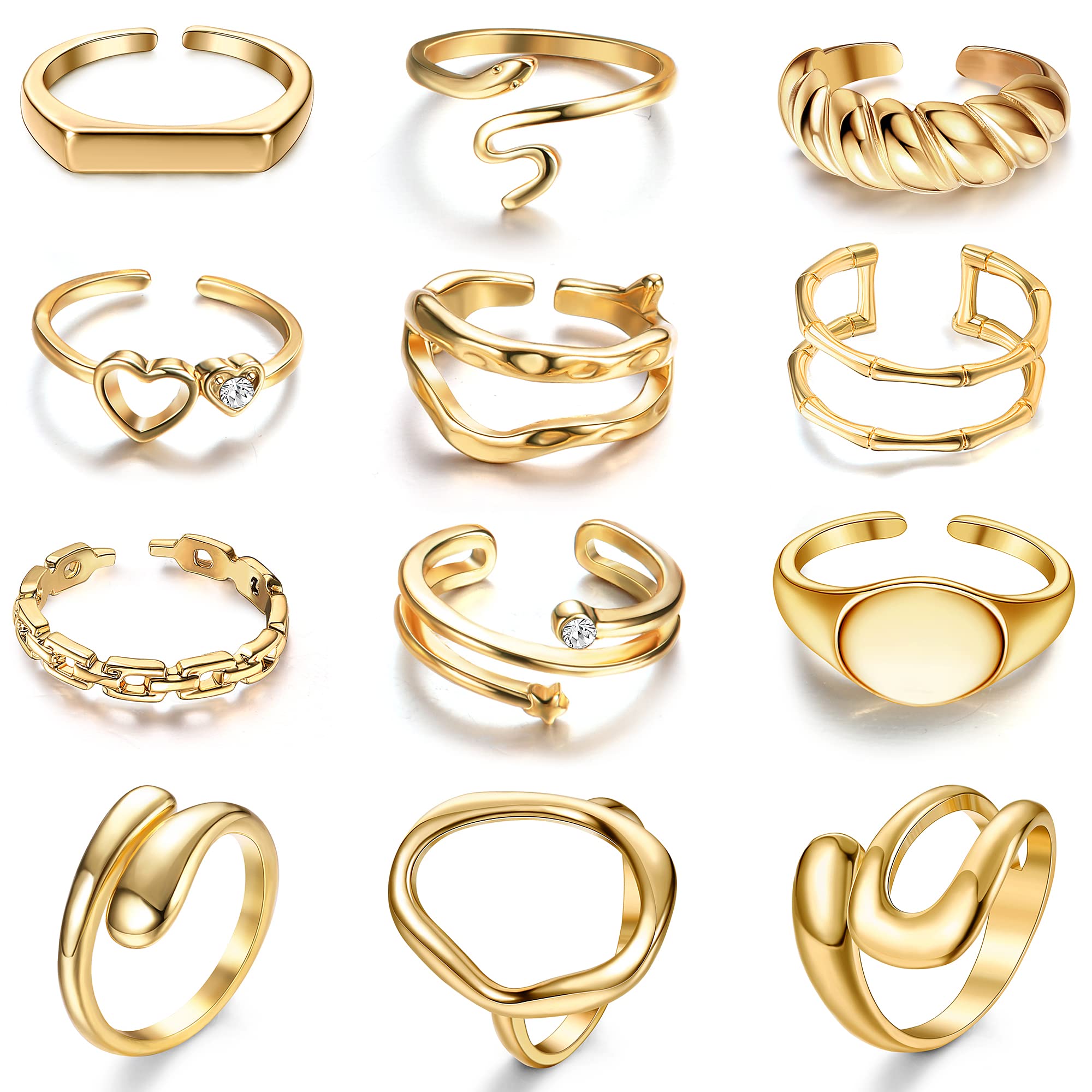 ORAZIO 12PCS Adjustable Rings for Women Gold Plated Chunky Rings Snake Croissant Stackable Adjustable Open Rings Statement Band Rings Jewelry Set