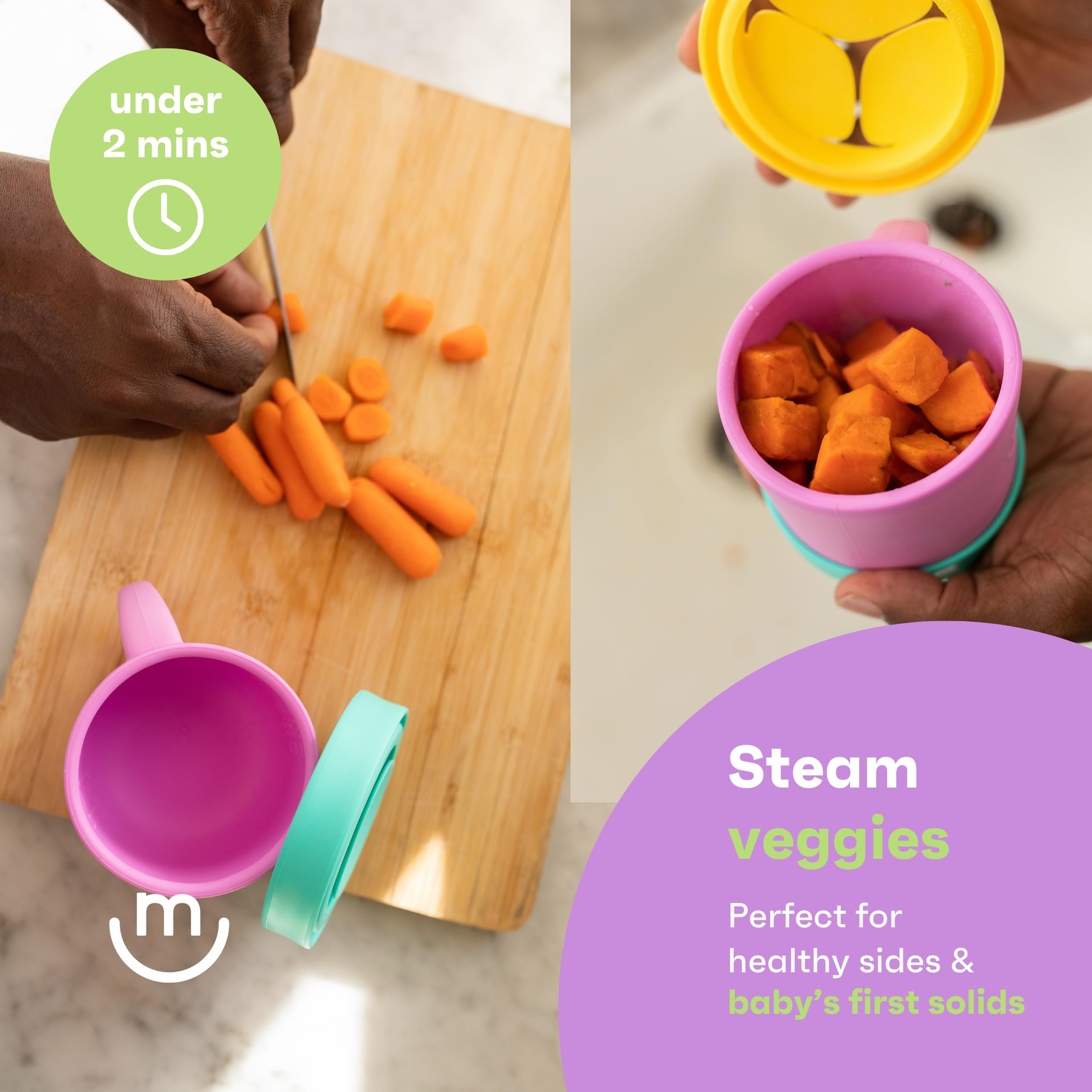 morepeas 6-Way Snack Cup | Steam Veggies, Scramble Eggs, Bake Cakes & more | Reversible Lid & Suction Base | Snack Catcher | Dishwasher, Microwave, Freezer Safe | BPA Free Silicone Bowl | Blueberry