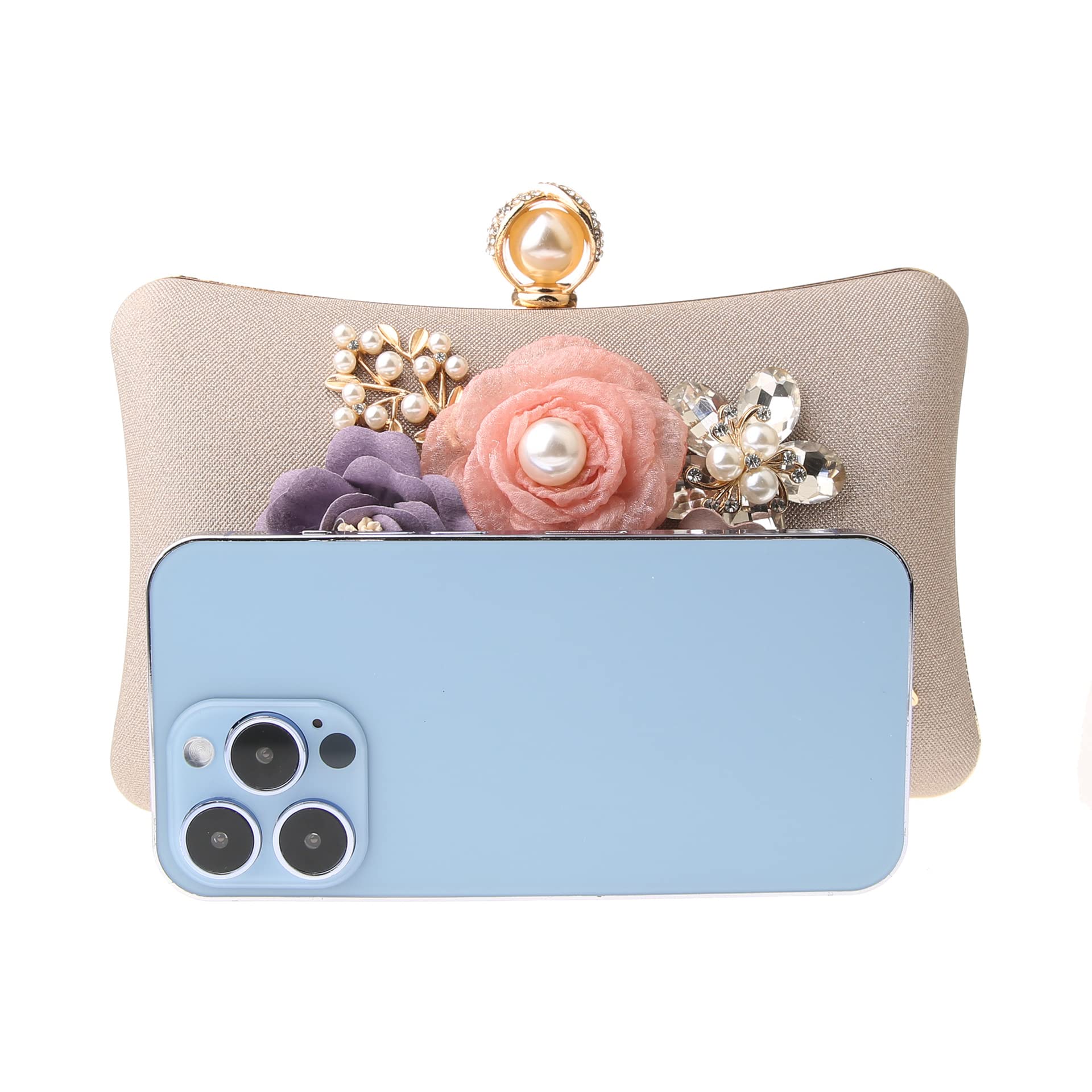 Rkrouco Women's Flower Evening Clutch Bag - Multicolor Flower Handbag with Satin-Gold.