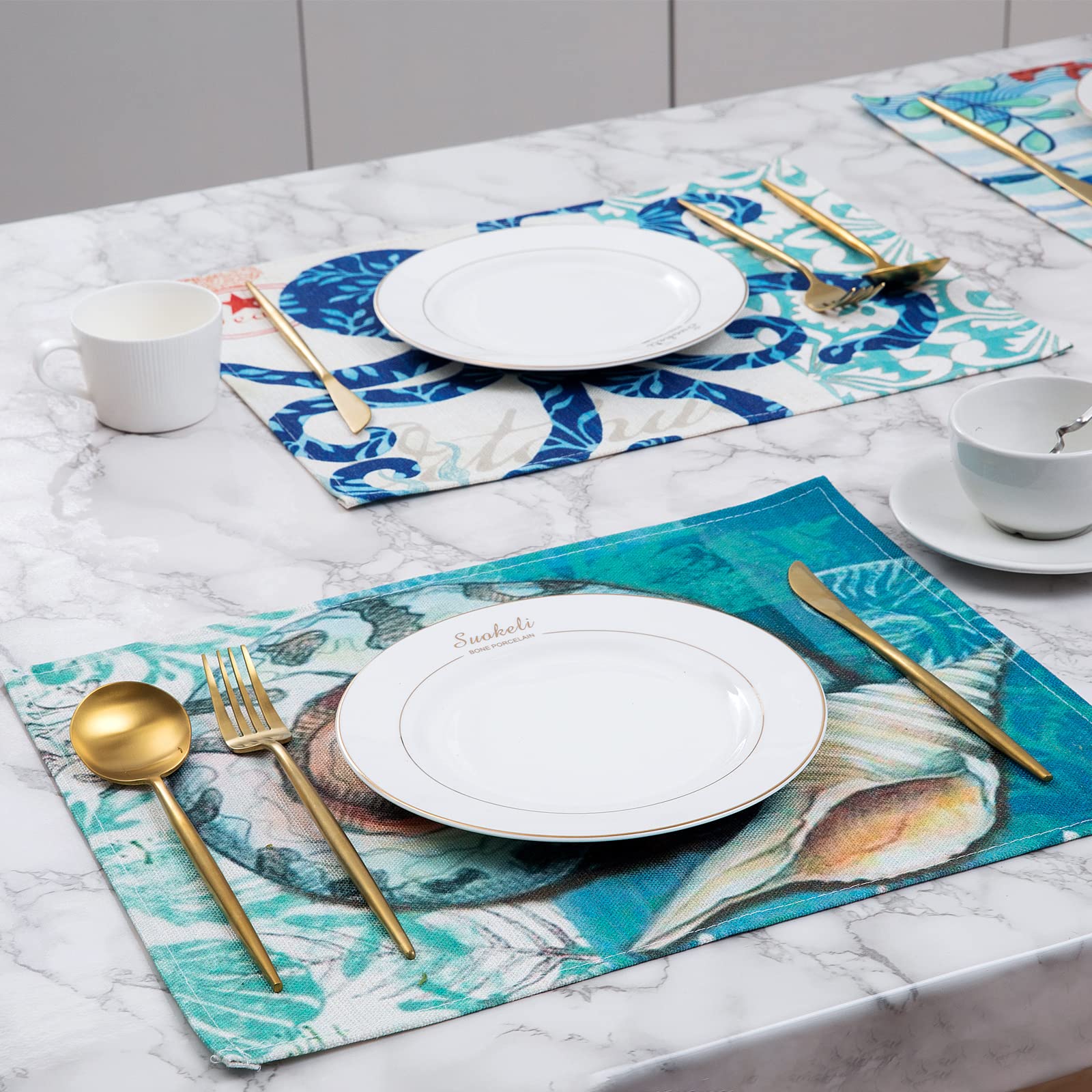 Ocean Animals Placemats Set of 4 Marine Organism Sea Horse Turtle Shell Octopus Table Mats for Dining Table 16.5x12.6 Inches