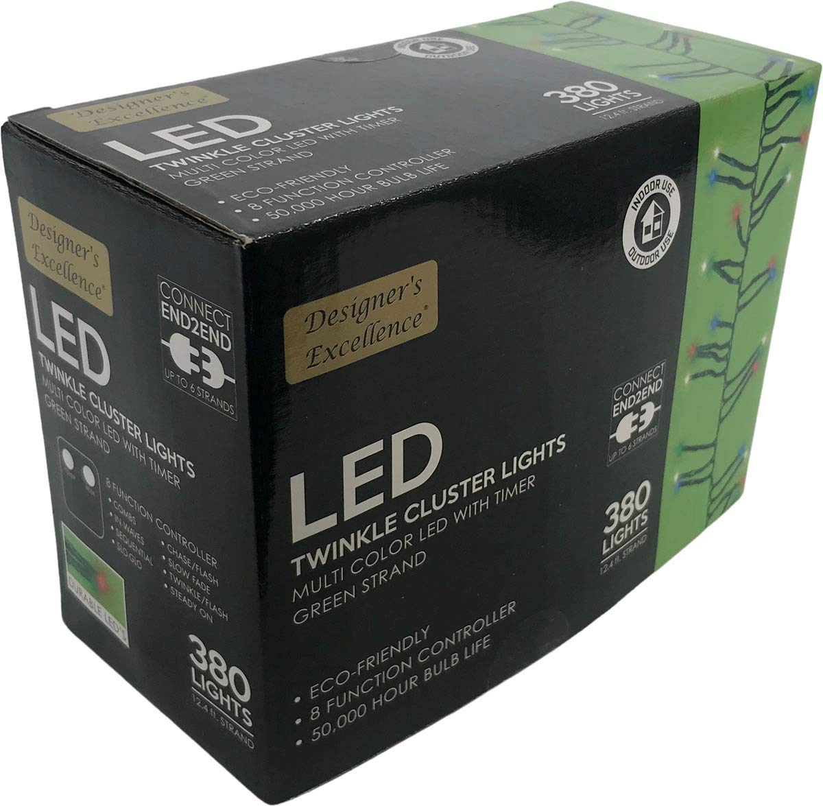 LED Twinkle Cluster Lights 12.4Ft Multi w/Green Strand Connect End to End Indoor Outdoor