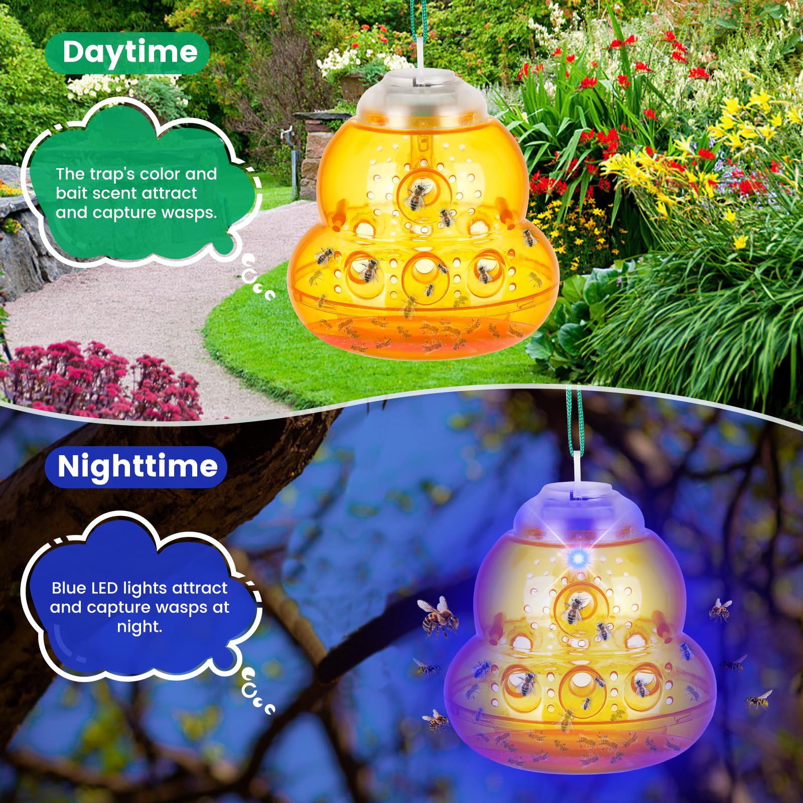 Solar Wasp Trap Outdoor Hanging - New Upgrade LED Blue Light Bee Catcher, Wasp Insect Killer, Solar Panel Non-Toxic Reusable Hornet Yellow Jacket Trap for Garden, Yard (Orange, 2 Pack)