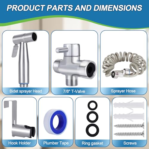 TURLEE Handheld Bidet Sprayer for Toilet -Brass T-valve Adapter, Sprayer Adjustable Water Pressure Control with Bidet Retractable Spring Hose for Feminine Wash.