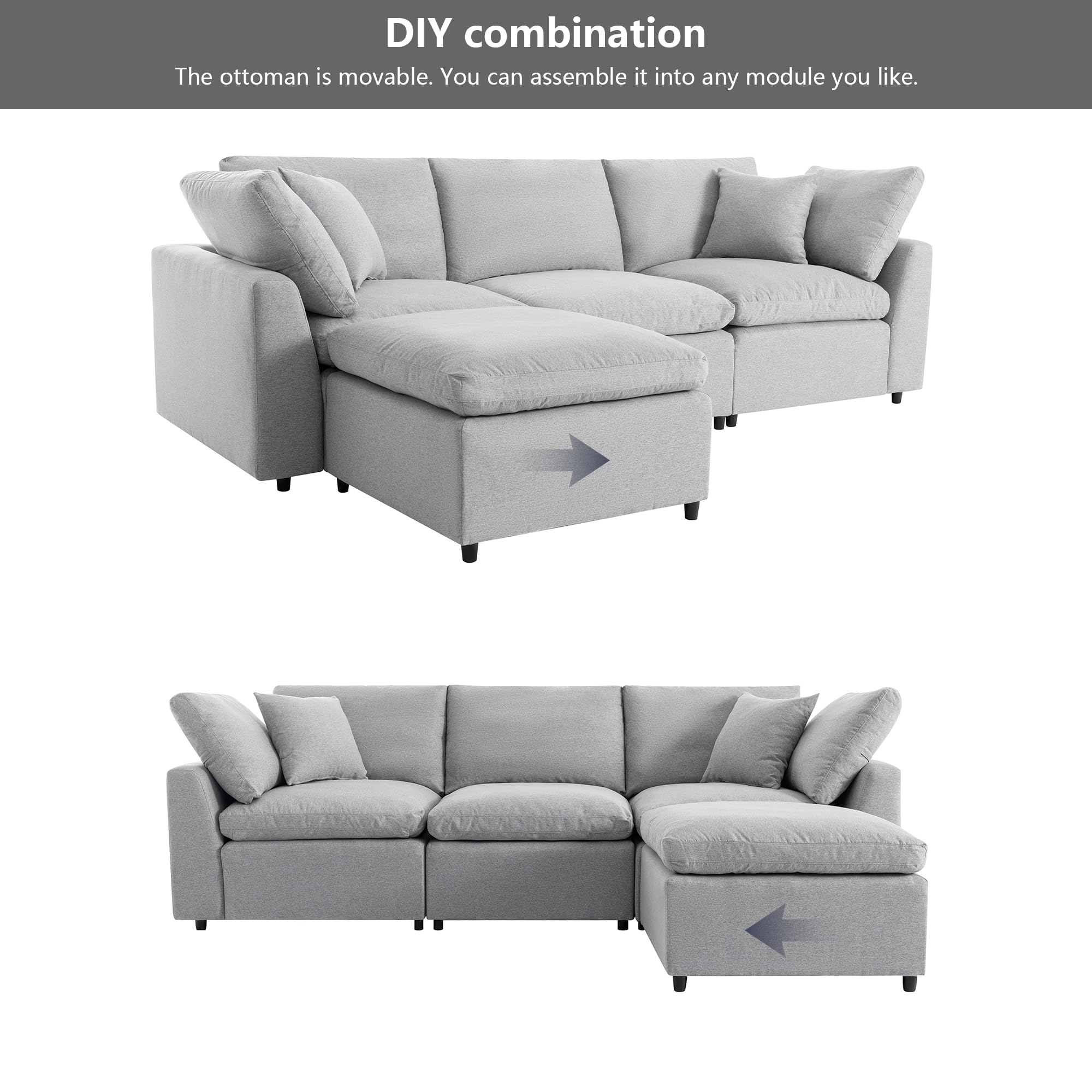 Tmsan 104" Modular Sectional Sofa Cloud Couch for Living Room, Modern Down Filled L Shaped Couch Set with 4 Pillows, Large 4 Seater Sofa with Reversible Ottoman for Apartment Office (Light Grey)