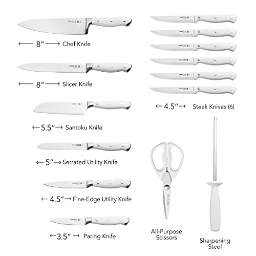 Sabatier 15-Piece Forged Triple Rivet Knife Block Set, High-Carbon Stainless Steel Kitchen Knives, Razor-Sharp Knife set with Acacia Wood Block, White Handles