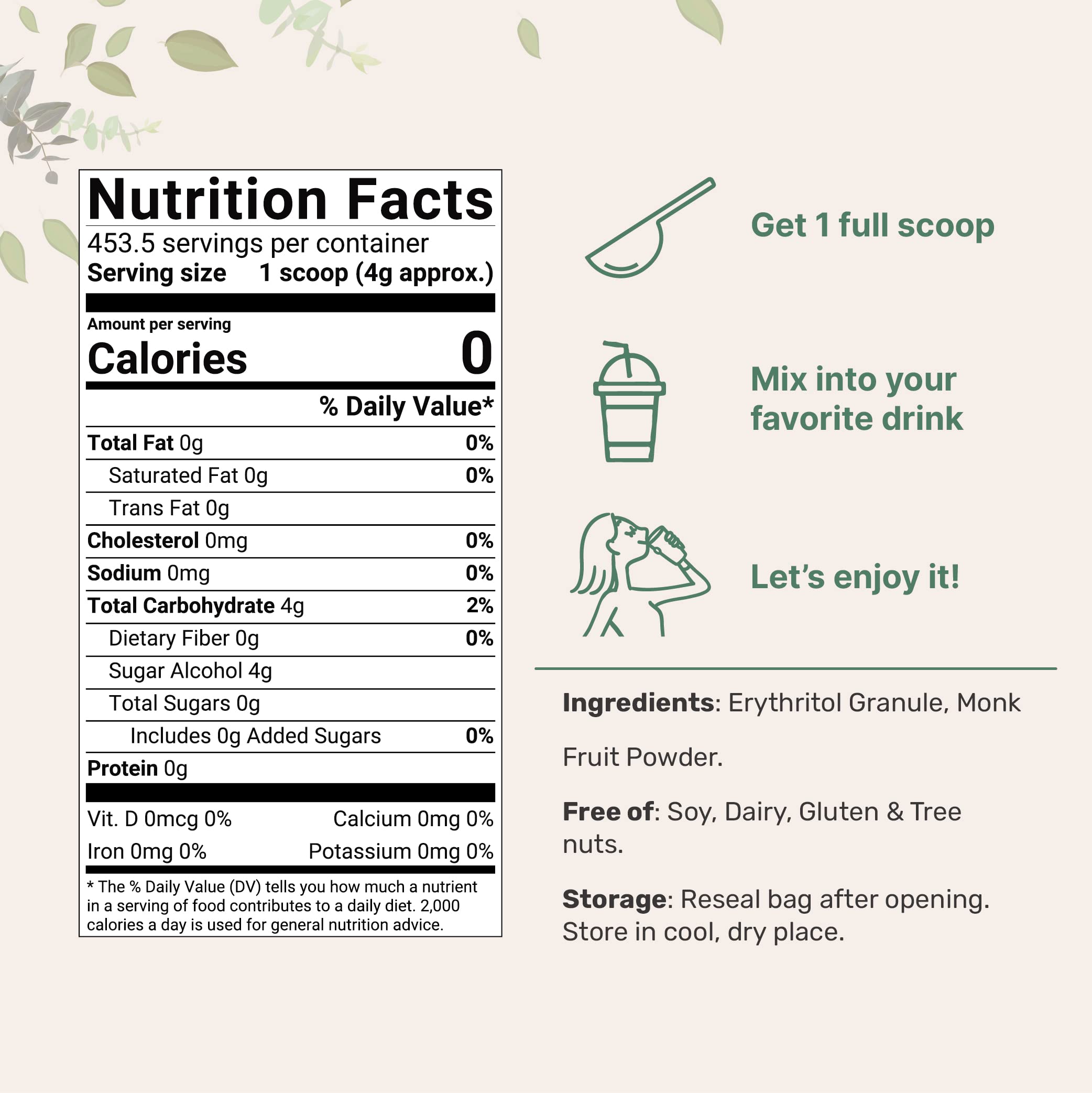 Monk Fruit Sweetener with Erythritol Granules, 4 Pounds, No After Taste, 1:1 White Sugar Substitute, Keto Diet Friendly, Zero Calorie, Natural Sweetener for Drinks, Coffee, Tea, Cookies, No-GMO, Vegan