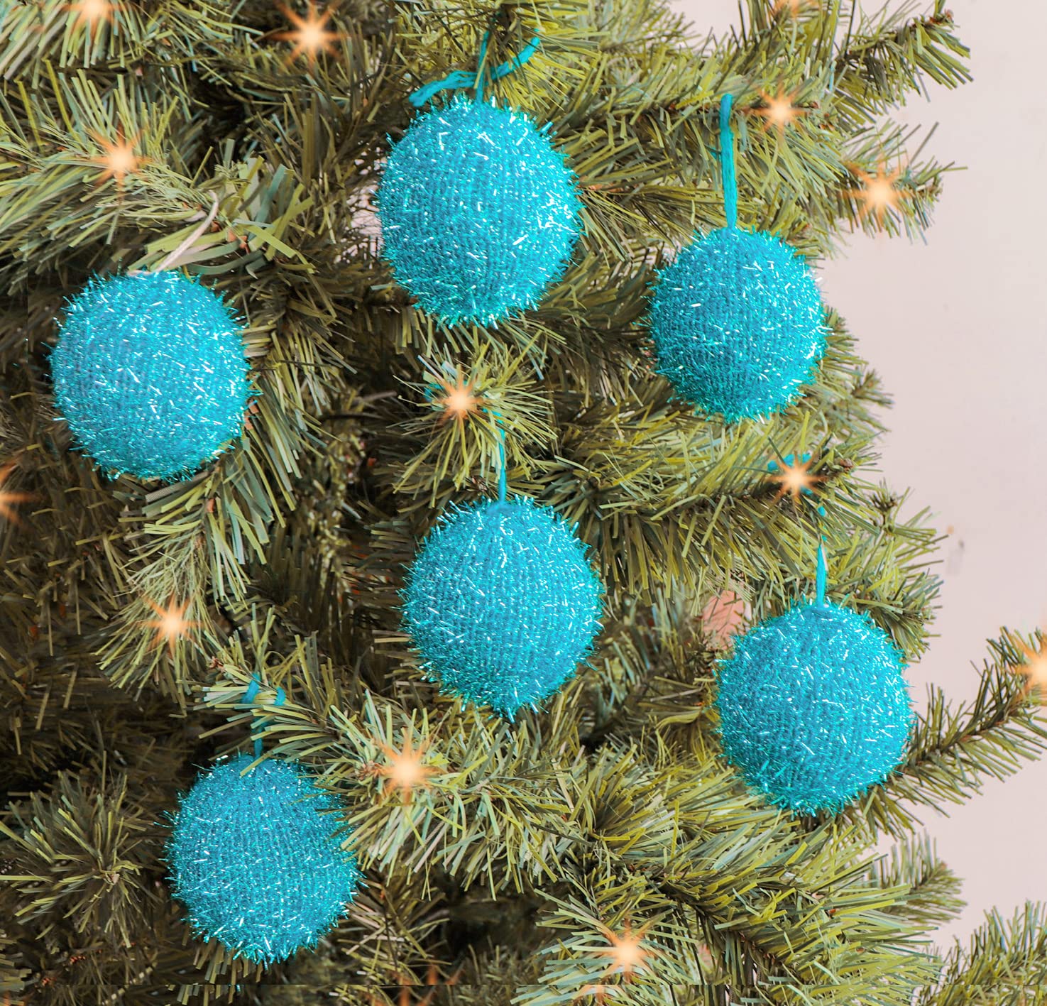 LimBridge Christmas Tree Ornaments, 6 Pcs Knitted Sparkle Glitter Bling Christmas Ball Decorations, for Xmas Decor Holiday Decor, Shimmer Sky Blue…