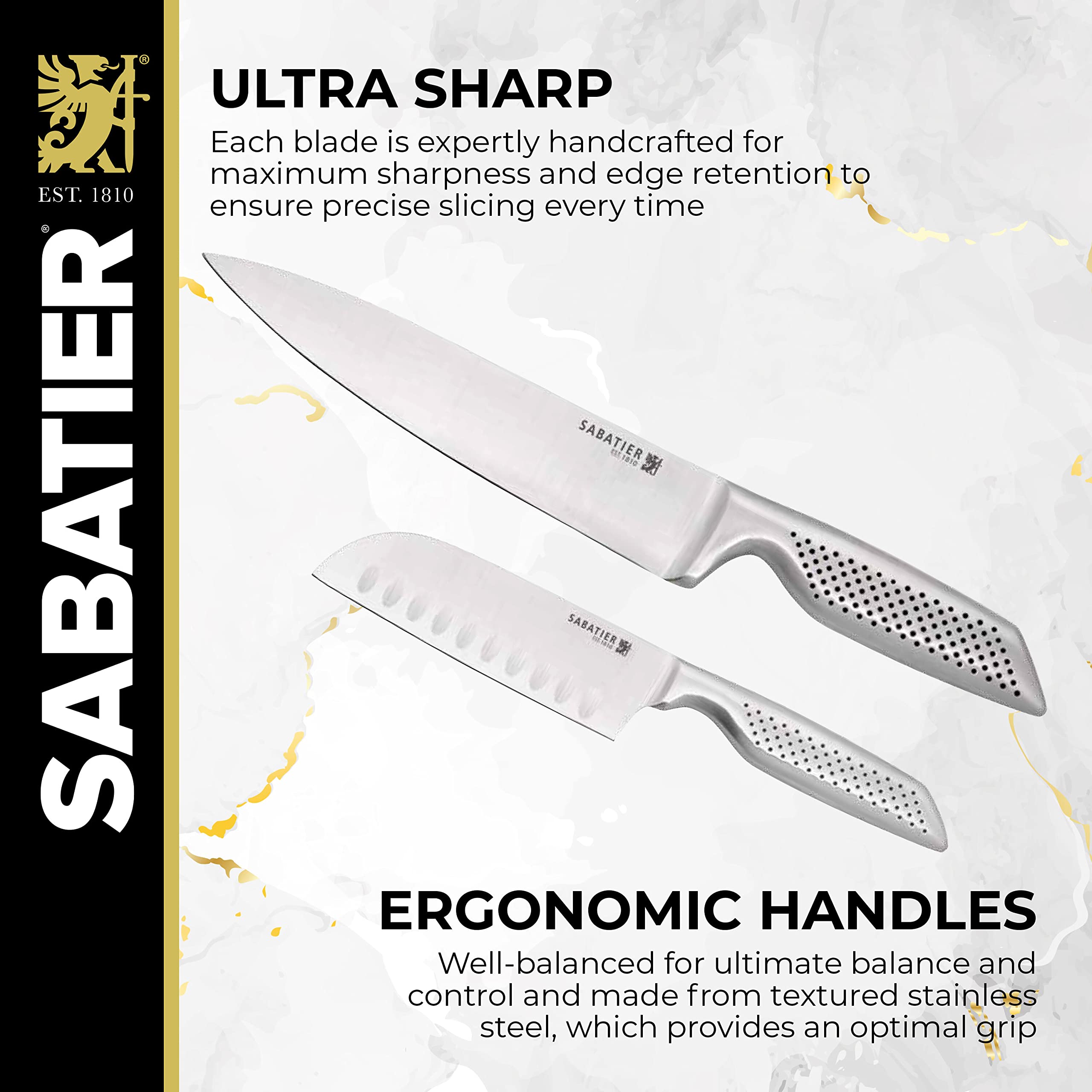 Sabatier Ergonomic Textured, High-Carbon Kitchen Knives, Razor-Sharp Knife Set with Rubberwood Block, Stainless Steel Handle, 15-Piece, Black