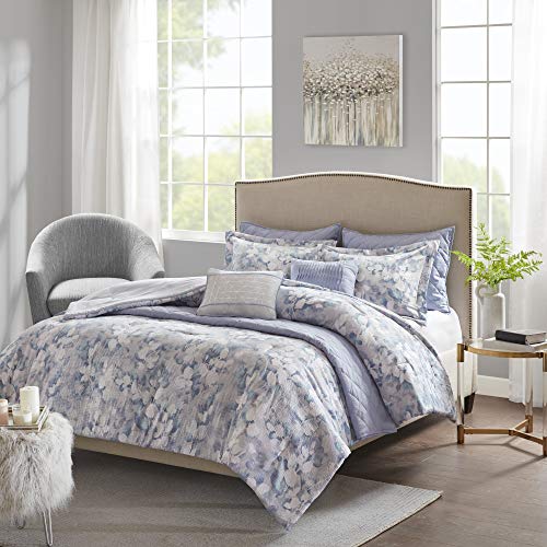 Madison Park Erica Comforter Quilt Combo Set - Modern Luxury Design, All Season Down Alternative Bedding, Matching Shams, Decorative Pillows, Full/Queen(90"x90"), Floral Blue 8 Piece