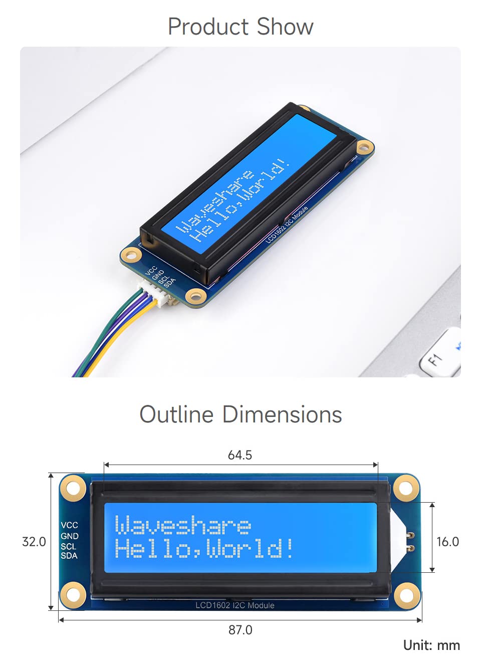waveshare LCD1602 I2C Module, White Color with Blue Background, 16x2 Characters LCD, 3.3V/5V