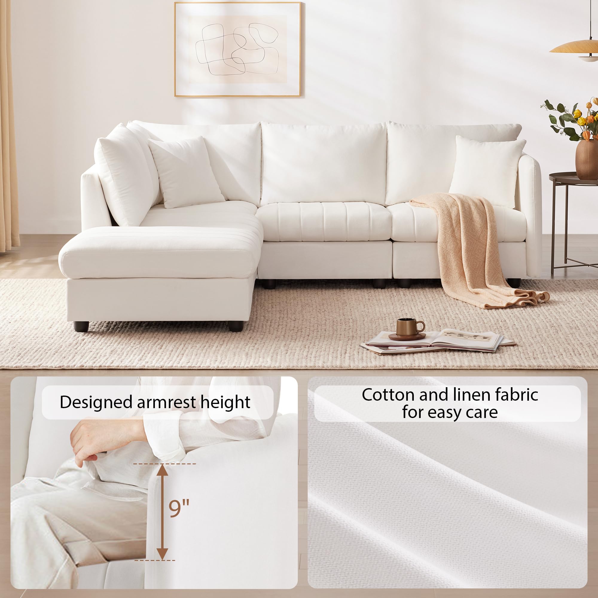 WIIS' IDEA Convertible Sectional Sofa Couch,2 Pillows,5-Seat Couch with Convertible Ottoman,Various Combinations,L-Shape Indoor Furniture for Living Room,Apartment,Office(White)