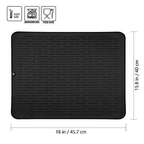 Piduules Eco-friendly Silicone Dish Drying Mat Large Reusable Non-slipping and Heat Resistant Dish Quick Drying Pad, Dishwasher Safe, Black XL 18βx15.8β